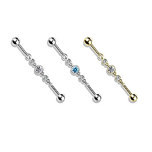 Pierced Owl 14GA Triple CZ Rounds on a Chain 316L Surgical Stainless Steel Industrial Barbell for Cartilage (Gold tone/Clear)