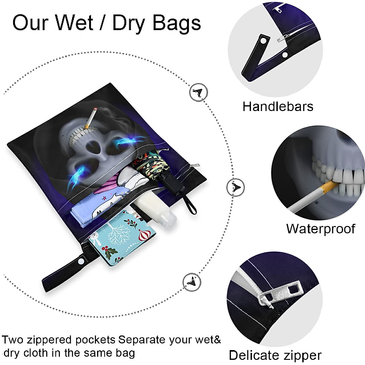 visesunny Sugar Skull Blue Smoke Syulish 2Pcs Wet Bag with Zippered Pockets Washable Reusable Roomy Diaper Bag for Travel,Beach,Daycare,Stroller,Diapers,Dirty Gym Clothes,Wet Swimsuits,Toiletries