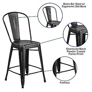Flash Furniture Carly Commercial Grade 24" High Distressed Black Metal Indoor-Outdoor Counter Height Stool with Back