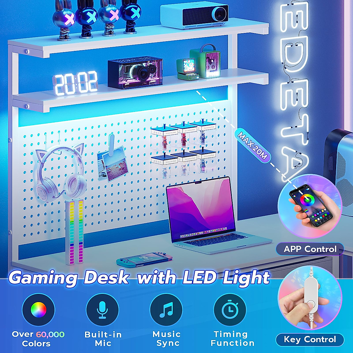 SEDETA White L Shaped Gaming Desk with LED Lights and Drawers, Gaming Desk with Hutch & Pegboard, Computer Desk with Monitor Stand, Storage Shelves, Home Office Desk Corner Desk, Gaming Table