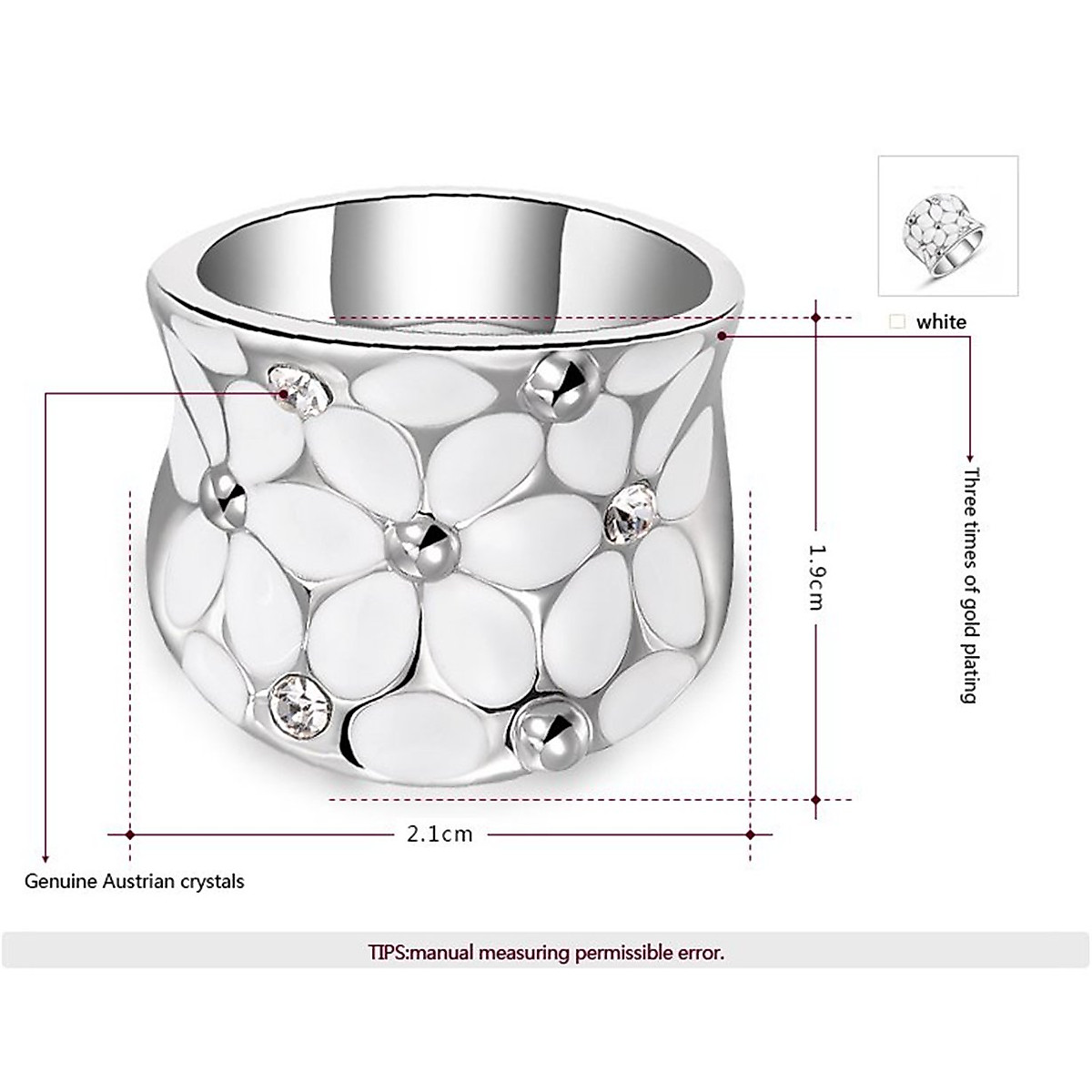 Fashion Month Womens Elegant Enamel Flower White Gold Band Bloom Petal Platinum Wedding Engagement Ring Crystal Inlay Size 8