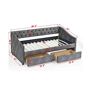 Lovtimber Twin Size Daybed with Double Storage Drawers, Upholstered Sofa Bed, Wooden Couch Tufted Backrest & Nailhead Armrest, for Bedroom Furniture, Living Room, Gray