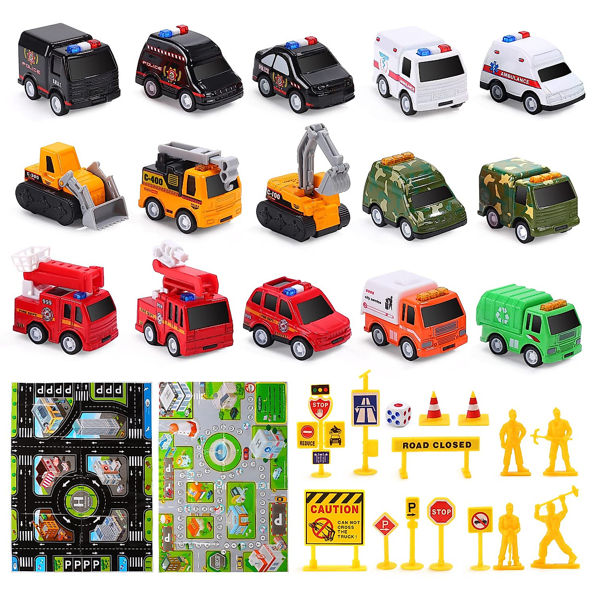 Car Toys with Play Mat, Toy Cars for Boys,Car Toys for Toddlers,Pull Back Cars Include Construction Vehicles, Fire Vehicles, etc.10 Road Signs 4 Dolls,Vehicle Toy Set for Kids.