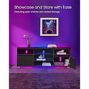 VASAGLE TV Stand with LED Lights for TVs up to 70 Inch, Entertainment Center with Open Glass Shelves, 2 Cabinets with Doors, 63-Inch Long, TV Console for Bedroom Living Room, Black ULTV330T21