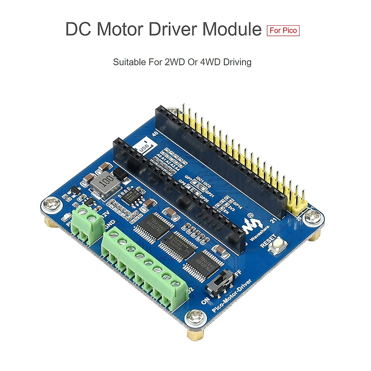 waveshare DC Motor Driver Module for Raspberry Pi Pico, Driving up to 4X DC Motors, Onboard PCA9685 PWM Driver, TB6612FNG Dual H Bridge Motor Driver and 5V Regulator, Suitable for 2WD or 4WD Driving