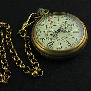 VIGOROSO Men's Vintage Full Copper Hand-wind Mechanical Second&24hours Sub-dials Pocket Watch in box