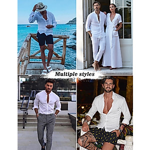 COOFANDY Mens White Beach Shirt And Shorts Casual Long Sleeve V-Neck Beach Shirt And Big And Tall Shorts For Men (White L