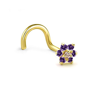 14k Yellow Gold L Bend Nose Stud Ring 4.5mm Purple Christina Flower Cluster 22G