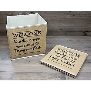 Premium Linen Look Foldable Shoe Cover Bin - Indoor Real Estate Bootie Box Perfect Supply for an Open House (11x11 Shoe Cover Bin, Linen)