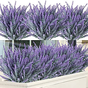 12 Bundles Fake Flowers Artificial Lavender Faux Plastic Purple Flowers for Home Wedding Kitchen Garden Patio Window Box Office Table Centerpieces Indoor Outdoor Decor (Gray Purple)