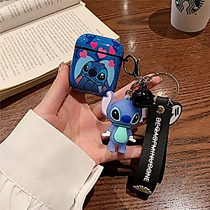 Cute Airpod Case, Airpod 2/1 case Personalise Custom, Airpod Case Cover with Keychain/Lanyard Protective Hard Case Cover Skin Portable Shockproof Cover for Women Girls Wireless Airpod 2 Case (Stich)