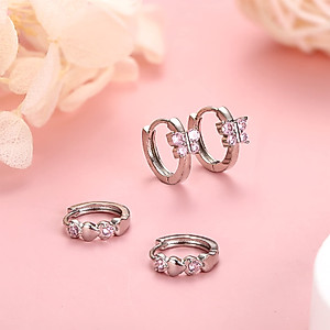 Florideco 8Pairs Hypoallergenic Screwback Earrings Women Silver Huggie Hoop Earrings Surgical Steel Tiny Stud Earrings Pink Colorful CZ Screw Back Earrings Set for Sensitive Ears Butterfly