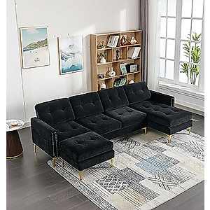 U-Shaped Sectional Sofa w/Reversible Chaise and Movable Ottoman, 110"W 5-Seater Convertible Corner Couch Modern Design Comfy Sofa & Couch with Side Pockets and Nail Head for Home Office Apartment