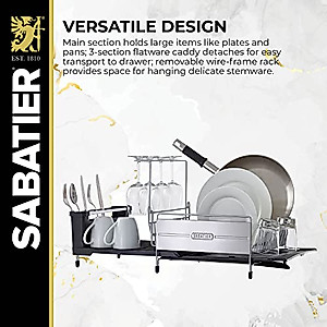 Sabatier Expandable Stainless Steel Dish Rack with Rust-Resistant Soft Coated Wires and Bi-Directional Spout, Gray/Black