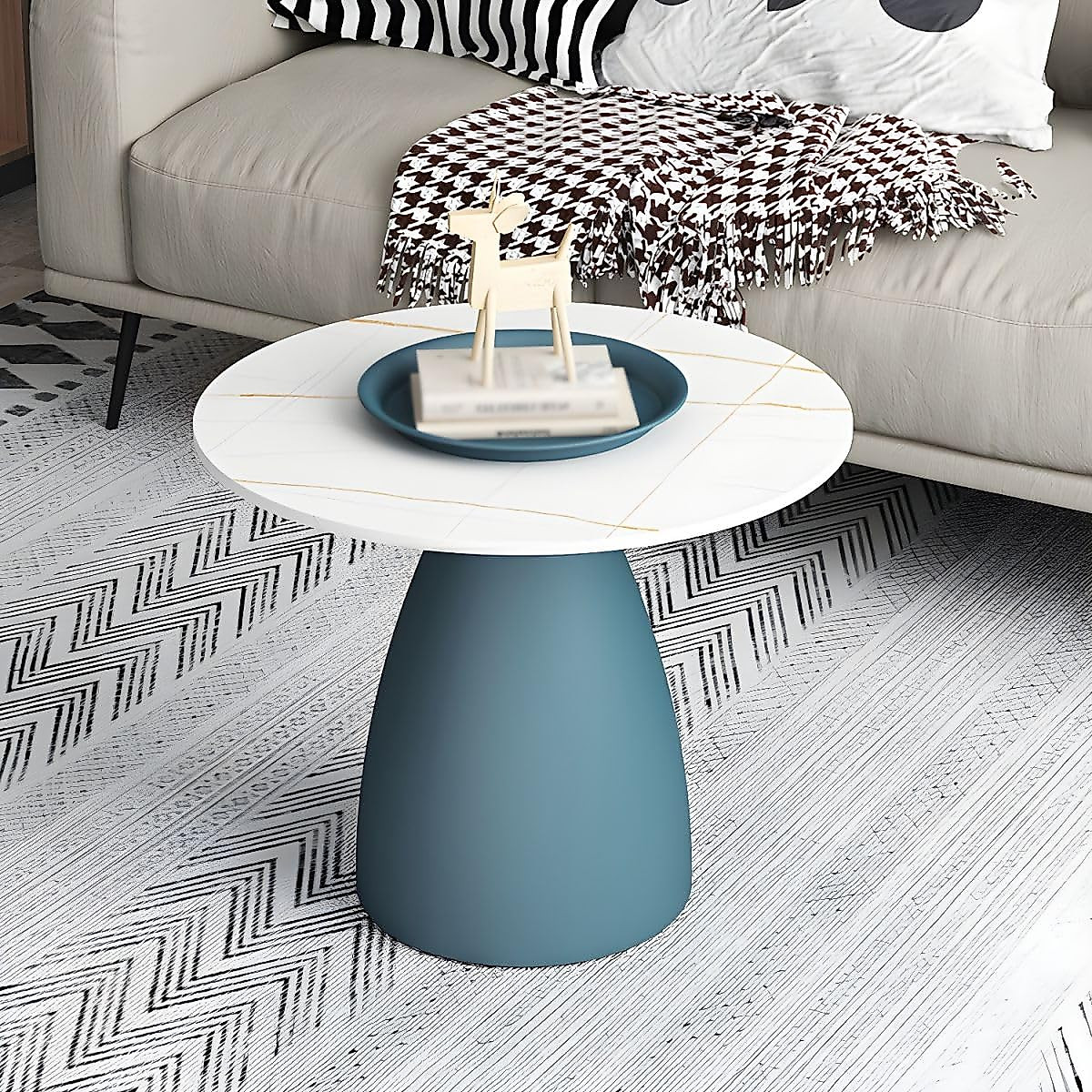 KWOKING Modern Slate Pedestal Coffee Table Round Cocktail Table Italian Tea Table, Creative Slate Coffee Table,Living Room Sofa Table, Simple Small Round Table White Blue 24" L x 24" W x 18" H