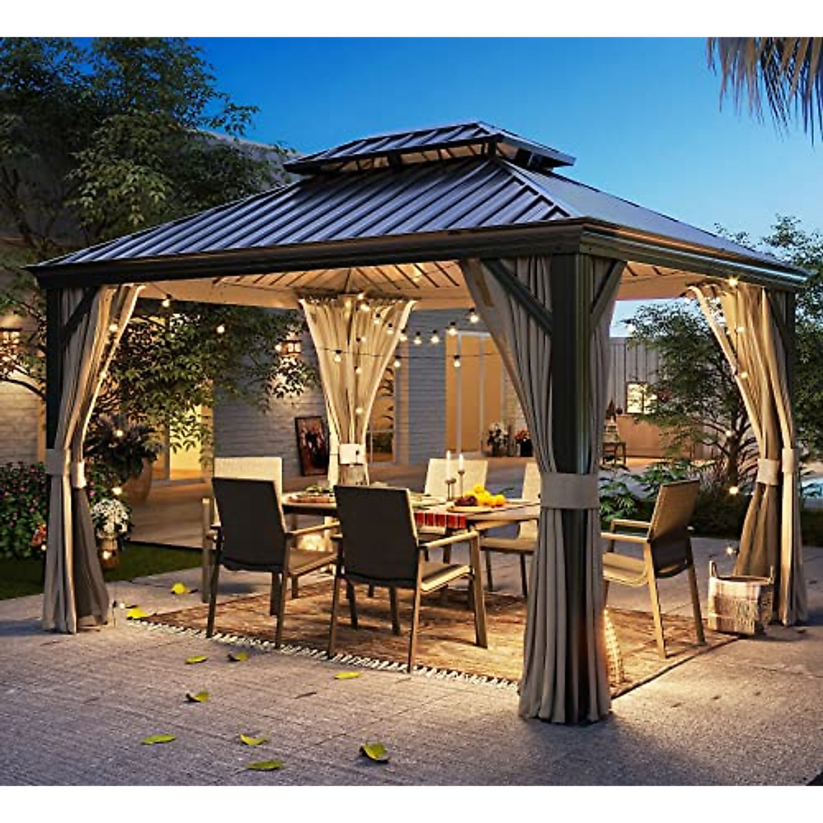 LAUSAINT HOME 10'x12' Permanent Outdoor Gazebo, Heavy Duty Metal Hardtop Double Roof Gazebos with Aluminum Frame & Enclosed Khaki Curtains and Mosquito Nettings for Lawn and Garden