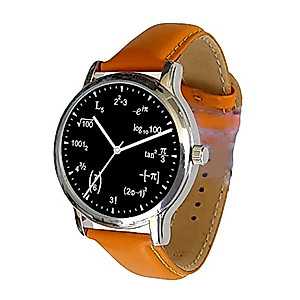 Math Dial Watch Shows Physics Equations on The Black Dial of The Large Polished Chrome Watch wWth Golden Yellow Leather Strap