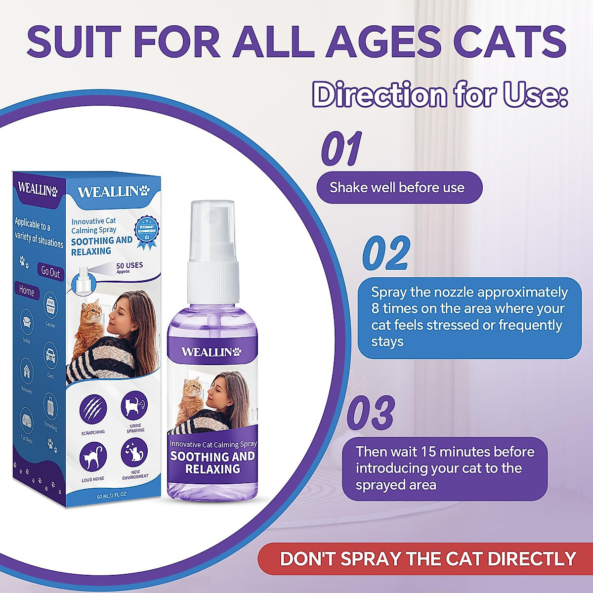 WEALLIN Cats Calming Spray (60 ML), Natural Calming Solution for Cats-Cat Facial Pheromone, Reduce Stress, Anxiety, Scratching, Hiding, Suit for Home, Travel, Vet Visits, Protect Furniture, Floors