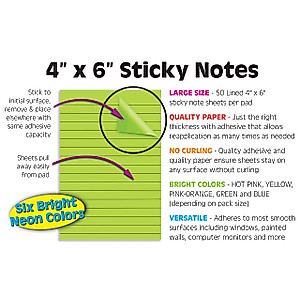 Lined Sticky Notes, 4 x 6, 10 Pack, 500 Sheets (50/Pad), Self Stick Notes with Lines, 6 Bright Assorted Colors, by Better Office Products, Post Memos, Strong Adhesive, 10 Pads