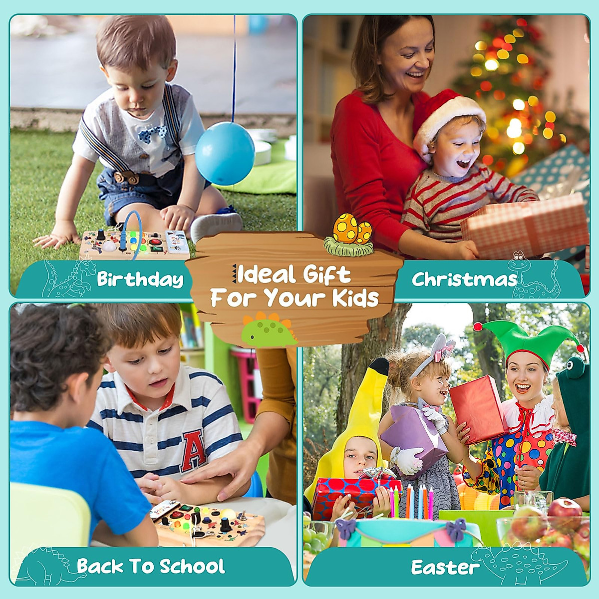 Dinosaur Light Switch Board - 8 LED Switches, Sensory Montessori Toy for 1+ Year Olds