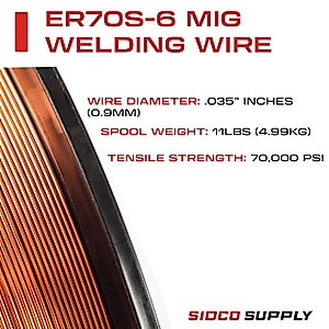 Sidco Supply Solid MIG 0.35 Welding Wire - ER70S-6 MIG Wire - 0.35 Inch 11LB Spool - Mild Steel MIG Wire - Low Splatter High Levels of Deoxidizers – MIG Welding Wire, All Position Gas Welding (1)