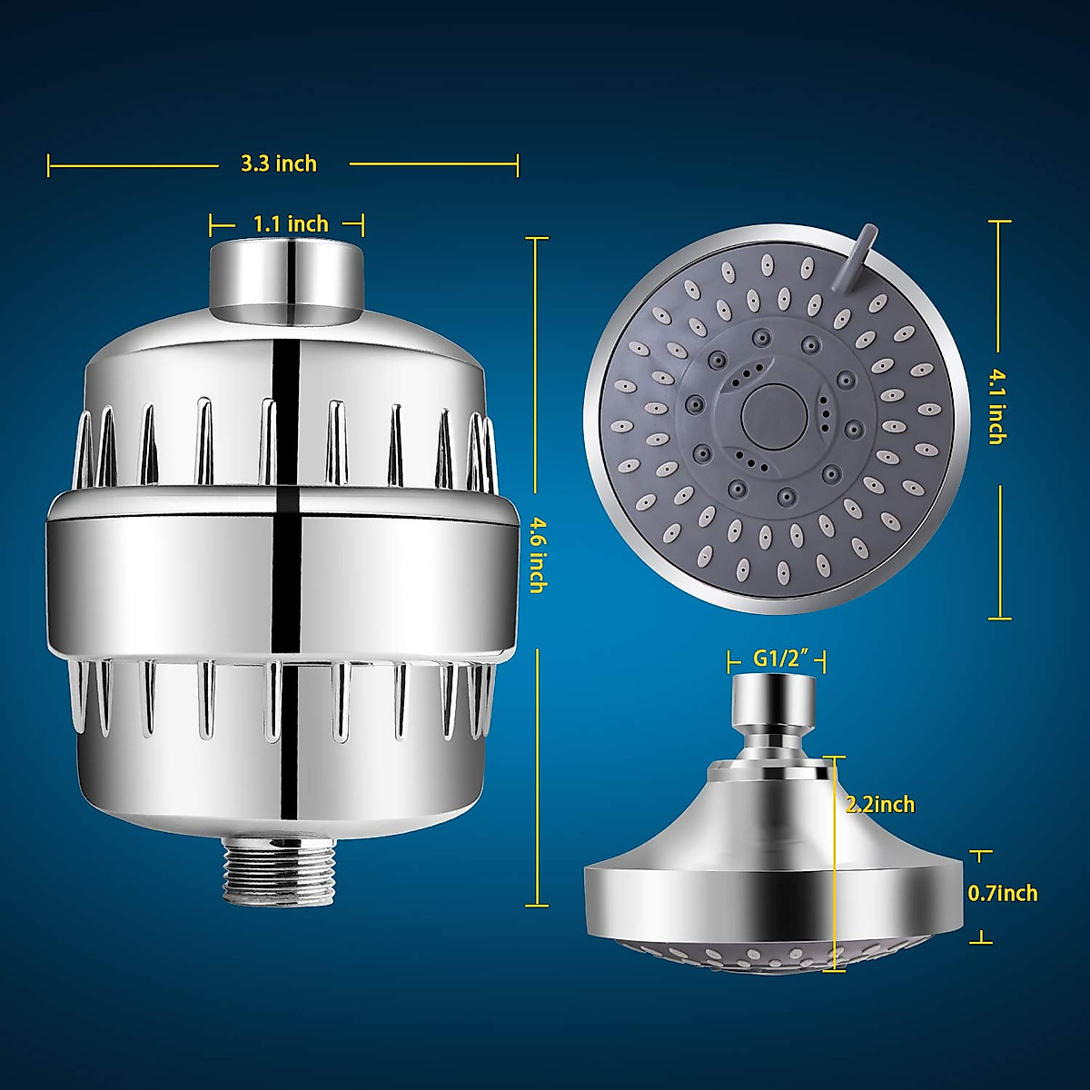 Shower Head and 15 Stage Shower Filter Combo, FEELSO High Pressure 5 Spray Settings Filtered Showerhead with Water Softener Filter Cartridge for Hard Water Remove Chlorine and Harmful Substances