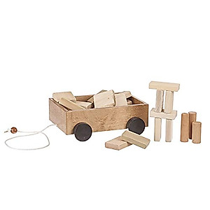 AmishToyBox.com Wooden Toddler Pull Wagon Toy with 24 Wood Building Blocks (Harvest Stain)