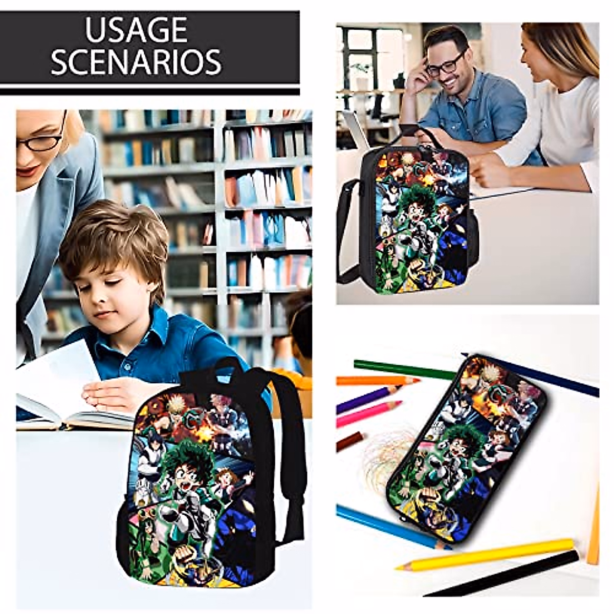 mfiwena Japanese Anime Backpack Set for Boy Girl, Polyester Bookbag set with Lunch Bag Multifunction 3-in-1 Bag for Teen