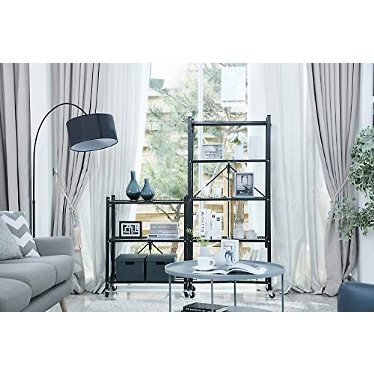 Azure Sky 5-Tier Foldable Storage Rack with Wheels, Folding Metal Shelves Unit Organizer, Heavy-Duty Metal Black Wire Folding Storage Rack No Assembly, for Garage Kitchen Pantry Bedroom