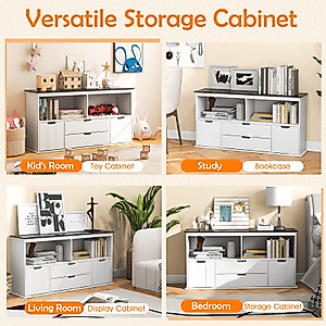 Costzon Kids Toy Organizers and Storage, Multifunctional Storage Cabinet Toy Chest with Blackboard, 4 Drawers and 2 Cubbies, Kids Bookshelf and Toy Storage for Playroom, Nursery, Living Room, White