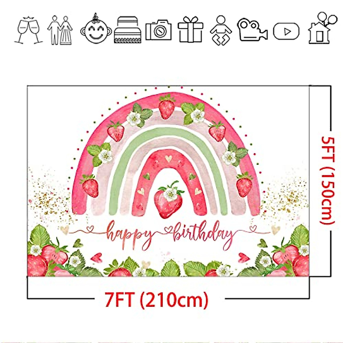Mocsicka Strawberry Birthday Backdrop Rainbow Berry Sweet Party Decorations Photo Backdrops Sweet Girl Happy Birthday Photography Background (7x5ft)