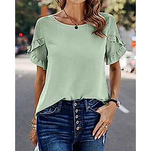 PRETTYGARDEN Women's Shirts Summer Casual Crewneck Lace Crochet Short Sleeve Blouses Cute Floral Print Loose Tunic Tops(Solid Light Green,Large)