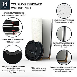 Mora Double Wall Ceramic Coffee Travel Mug with Lid, 14 oz, Portable, Microwave, Dishwasher Safe, Insulated Reusable Tall Cup, Splash Resistant Lid - To Go Tumbler for Car Cup Holder, Cotton White