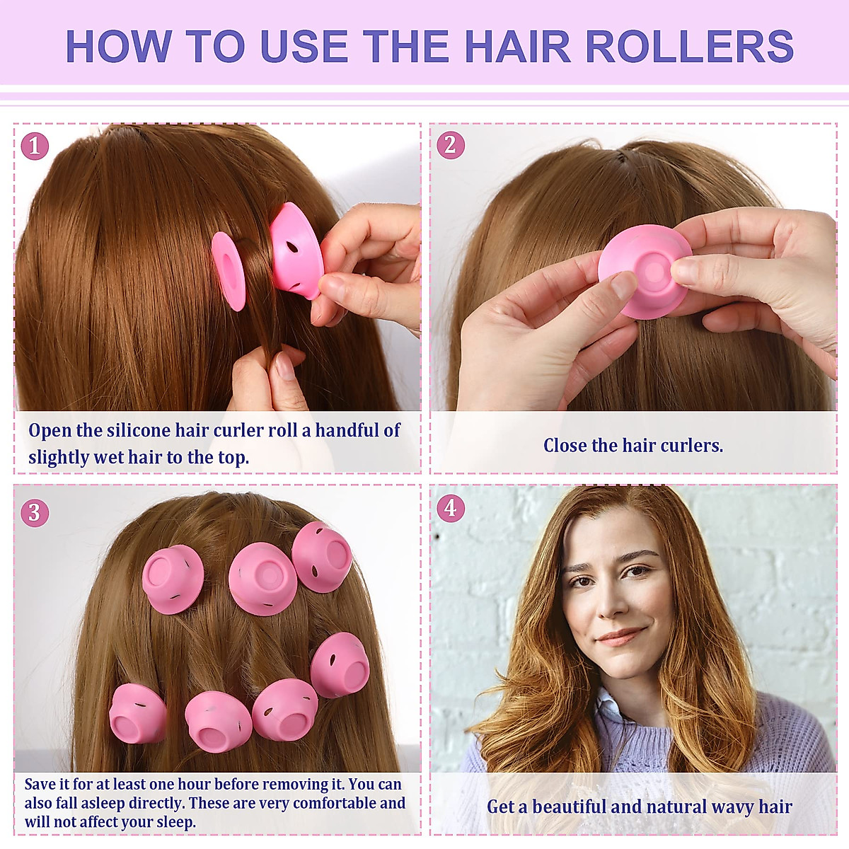 36 Pcs Magic Hair Rollers Heatless Silicone Hair Curlers 0.79 inch Self Grip DIY Hair Styles for Long Medium Short Hair Women Girls with 1 Net Cap 1 Zipper Bag 100 Rubber Bands Pink