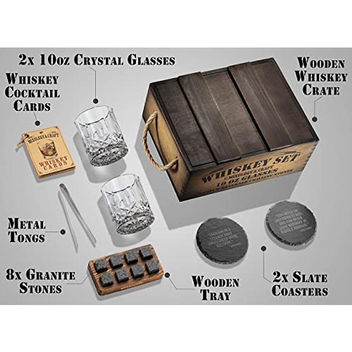 Mixology Whiskey Gift Set, Whiskey Glass Set with Rustic Wooden Crate, 8 Granite Whiskey Rocks Chilling Stones, 10oz Whiskey Glasses, Gift for Men, Dad, Husband, Boyfriend - Jameson Dark Brown