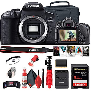 Canon EOS Rebel 850D / T8i DSLR Camera (Body Only) + 64GB Memory Card + Case + Card Reader + Flex Tripod + Hand Strap + Cap Keeper + Memory Wallet + Cleaning Kit (Renewed)