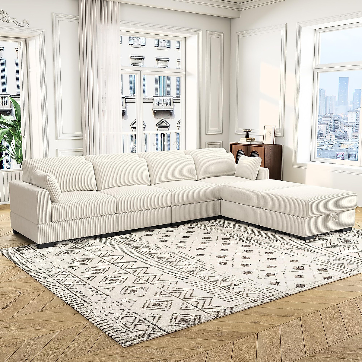 Nynsley 130 Inch Sectional Couches for Living Room,6 Seater Lounge Sofa with 2 Ottoman,Corduroy Cloud Couch with 6 Pillows,Oversized U Shaped Modular Sectional Sofa for Apartment Office Hotel Beige
