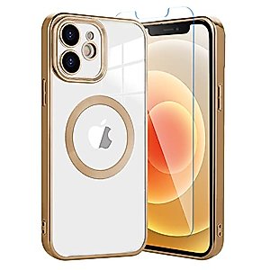 KANGHAR for iPhone 12 Case Magnetic [Support Magsafe Charger] Wireless Anti-Scratch Shockproof Clear Four Corner Cushion Screen Protector Anti-Dropping Full Body Protection Cover-Gold