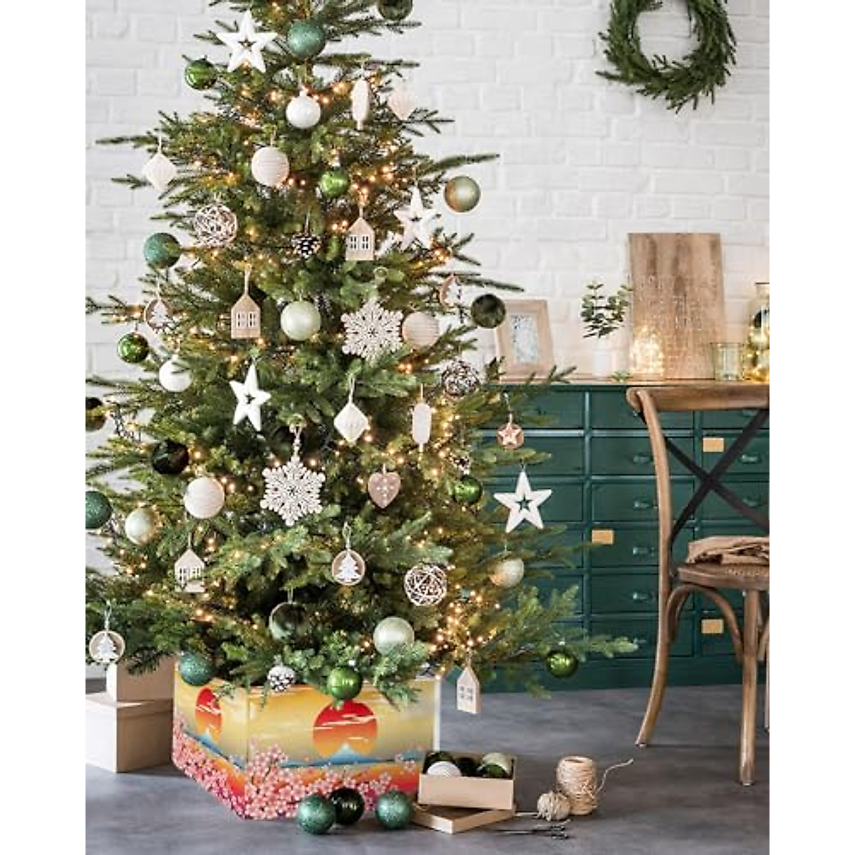 Christmas Tree Collar 4PCS-17"x10", Christmas Tree Ring Japanese-Style Mount Fuji Cherry Blossom Sunset Orange Christmas Tree Stands Skirts Base Covers for Xmas Holiday Home Decor