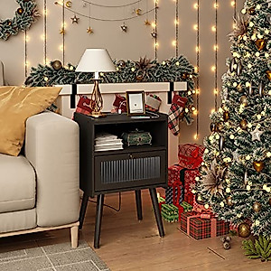 SOOWERY Mid Century Modern Nightstand with Charging Station, Bedside Tables with Glass Decorative Door, End Table Side Table with 2 Tiers Storage Space, for Bedroom, Living Room, Black