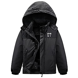 FREE SOLDIER Boys Girls Waterproof Ski Jacket Fleece Lined Warm Winter Snow Coat Kids Winter Jacket with Detachable Hood(Black,6-7/Boy)