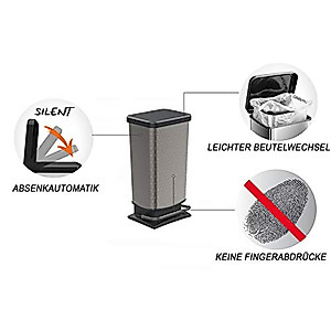 Rotho Paso Rubbish Bin Odour-Proof Plastic (PP) in Stainless Steel Look Pedal Mechanism for Opening the Waste Bin, Hexagon, 40 litres