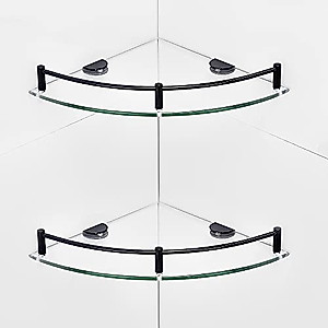 Paradmas Glass Corner Shelf 2 Pack - Floating Bathroom Shelves Tempered Glass Shelf with Rails SUS 304 Stainless Steel Wall Mounted Shower Organizer, 24cmx24cm 6mm, Black