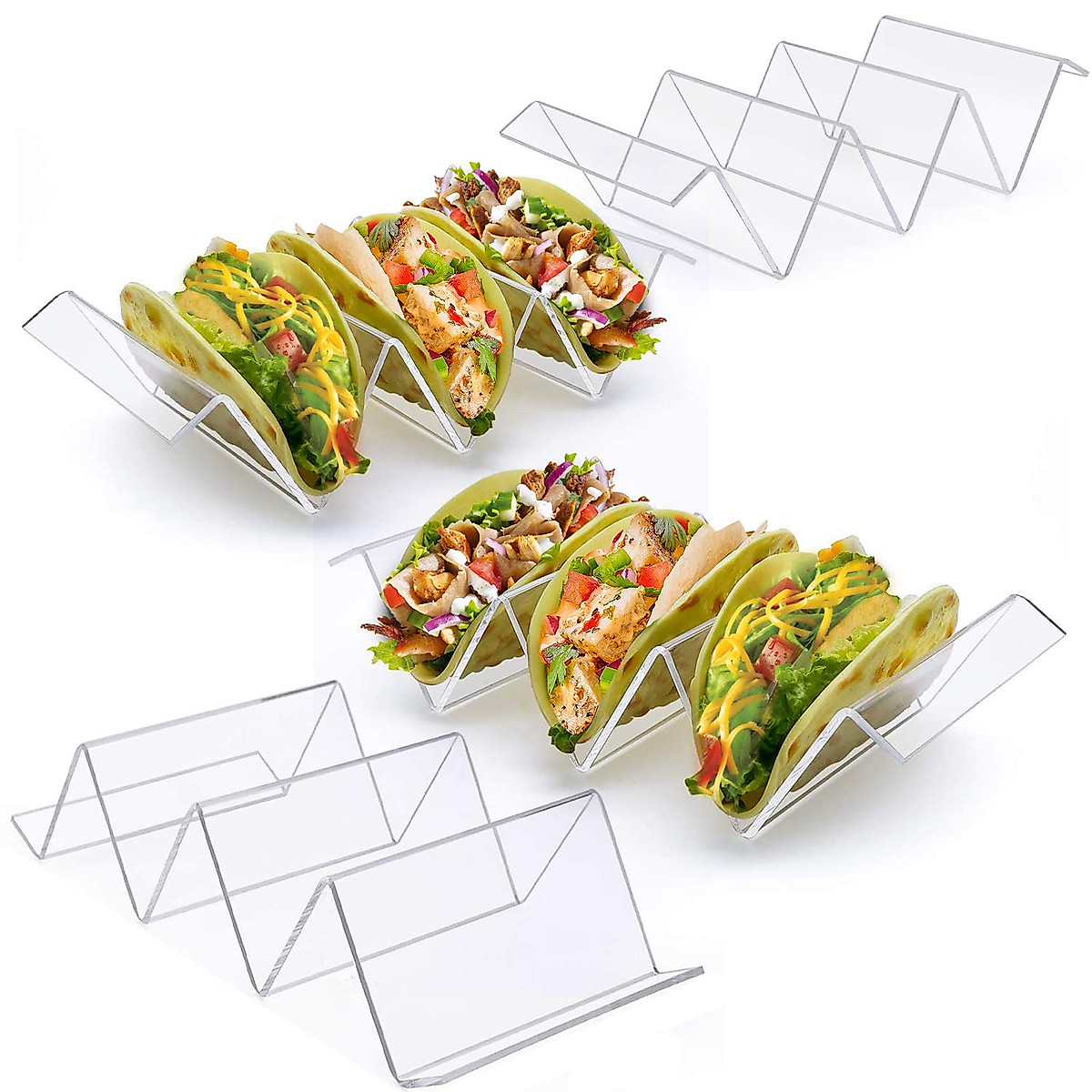 Unique Plus Acrylic Taco Holder Stands Set of 4 Clear Stand Tray Serving Plates Each Rack Holds 3 Tacos Modern Lucite Holders Size 8.7 Inch x 2 for Kitchen Table Restaurant Party Decoration Food Safe