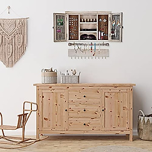 X-cosrack Rustic Hanging Jewelry Organizer,Wall Mounted Mesh Jewelry Holder,for Necklaces,Earings, Bracelets,Ring Holder,with Removable Bracelet Rod,Hooks,Wooden Barndoor Decor