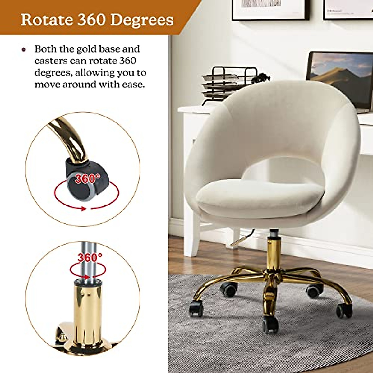 TINA'S HOME Modern Velvet Office Chair with with Adjustable Swivel, Comfy Upholstered Desk Chair with Open Back, Small Cute Chair for Living Room Study Vanity, Tan