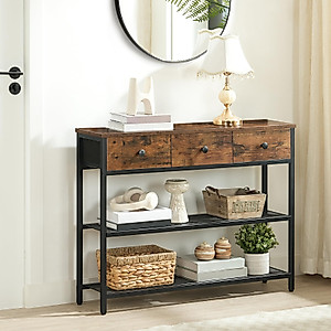 HOOBRO 39.4" Narrow Console Table with 3 Fabric Drawers, Small Entryway Table with 3-Tier Storage Shelves, Thin Sofa Table, Side Table, for Living Room, Hallway, Rustic Brown and Black BF82XG01