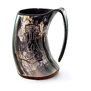 Norse Tradesman XL Viking Drinking Horn Mug - 100% Authentic Beer Horn Tankard With Thor's Hammer Engraving | The Mjolnir, High Polish, approx. 30 oz