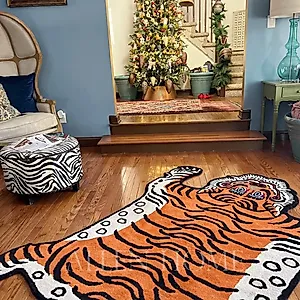Allen Home Kids Wool Area Rug - Orange Tiger Shape - Tufted Traditional Wool Carpet - Area Rugs Suitable for Living Room, Bedroom, Dining Room - Handcrafted - 100% Wool - 2’ x 3’