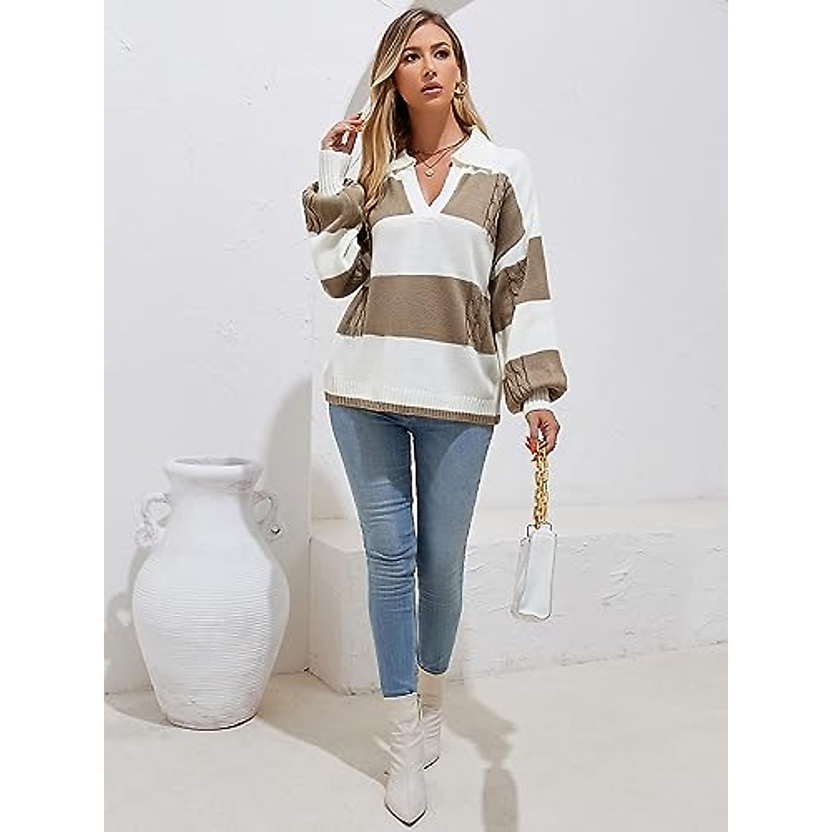 ZAFUL Women 2023 Striped V Neck Long Sleeve Sweater Fall Lapel Collar Ribbed Knit Loose Pullover Sweater Jumper Top Brown